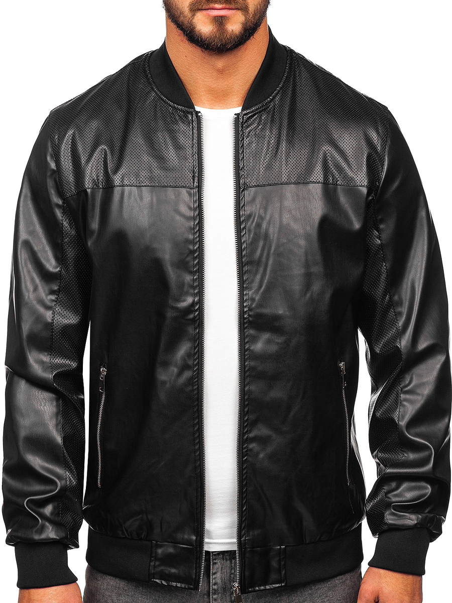 Chaqueta bomber de cuero para hombre negro Bolf 6705